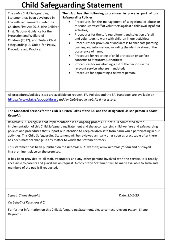 Rearcross FC Child Safeguarding Statement – Rearcross FC